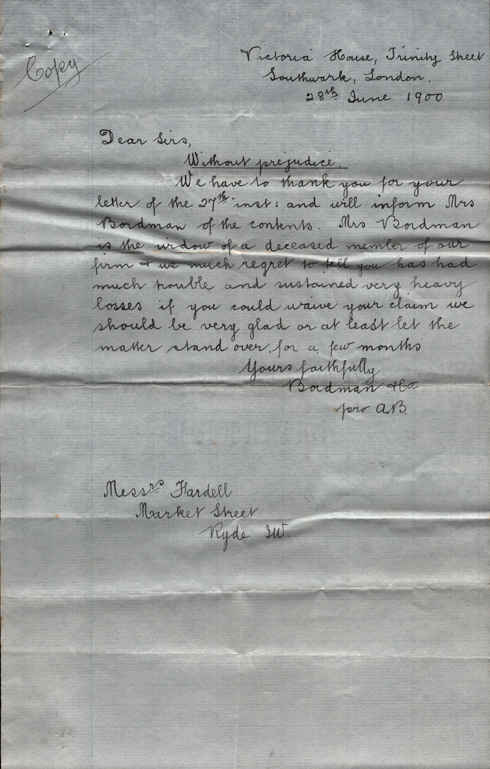 Brading Community Archive Letter Bordman to Fardells re: claim against ...